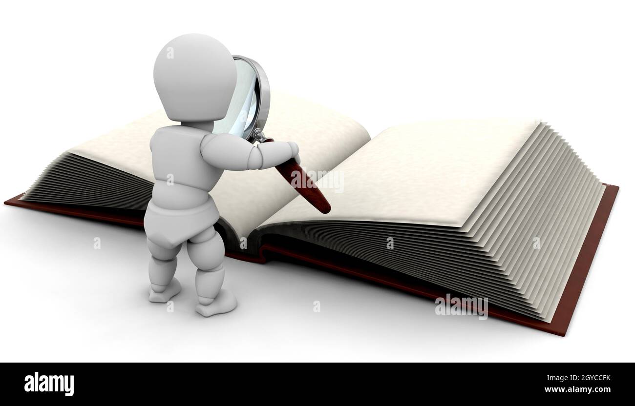 3D render of someone looking at book through a magnifying glass Stock ...