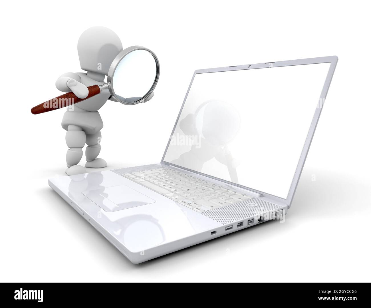 3D render of someone looking at a computer through a magnifying glass ...