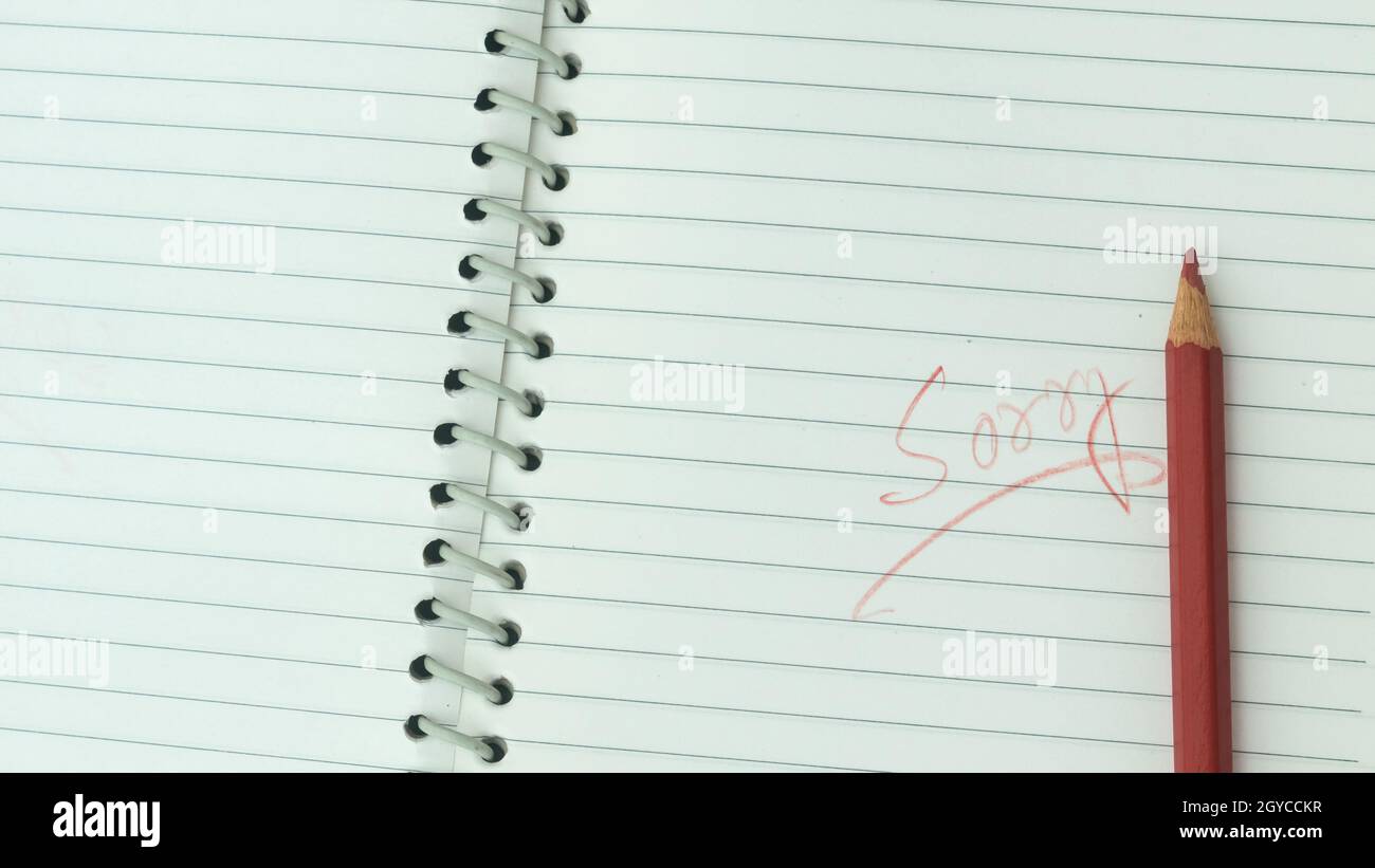 Sorry written on open notebook. Closeup. Mistake learning, blooper ...