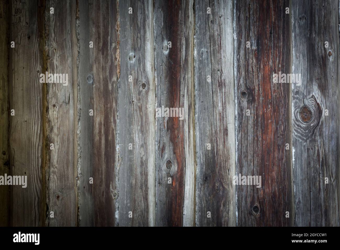 Wooden logs of an old house. Close-up. Weathered natural gray wood ...