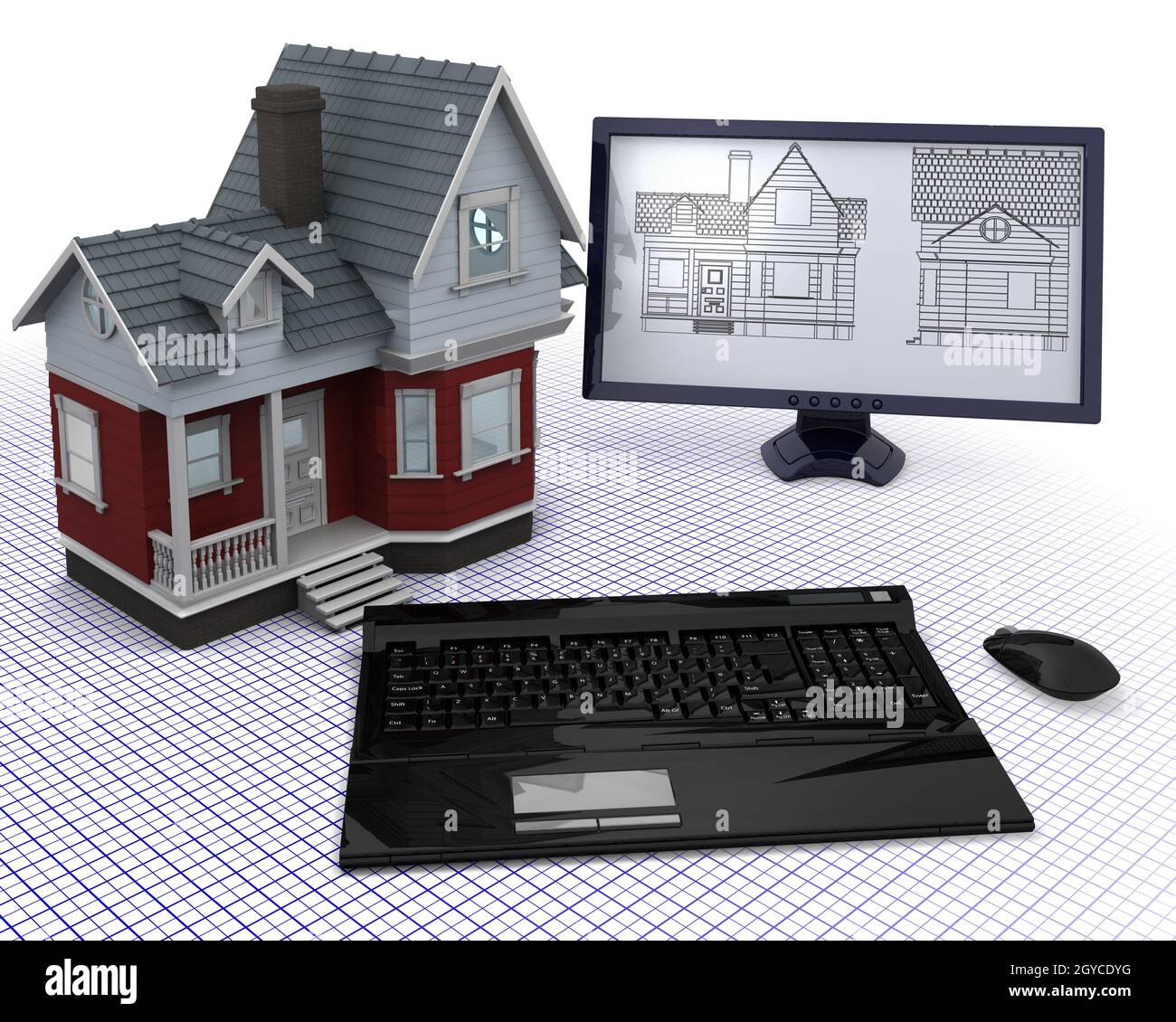3D render of a Classic Timber House with computer and blueprints Stock ...