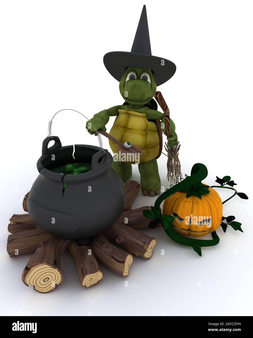 3D render of tortoise witch with cauldron of eyeballs on log fire Stock ...