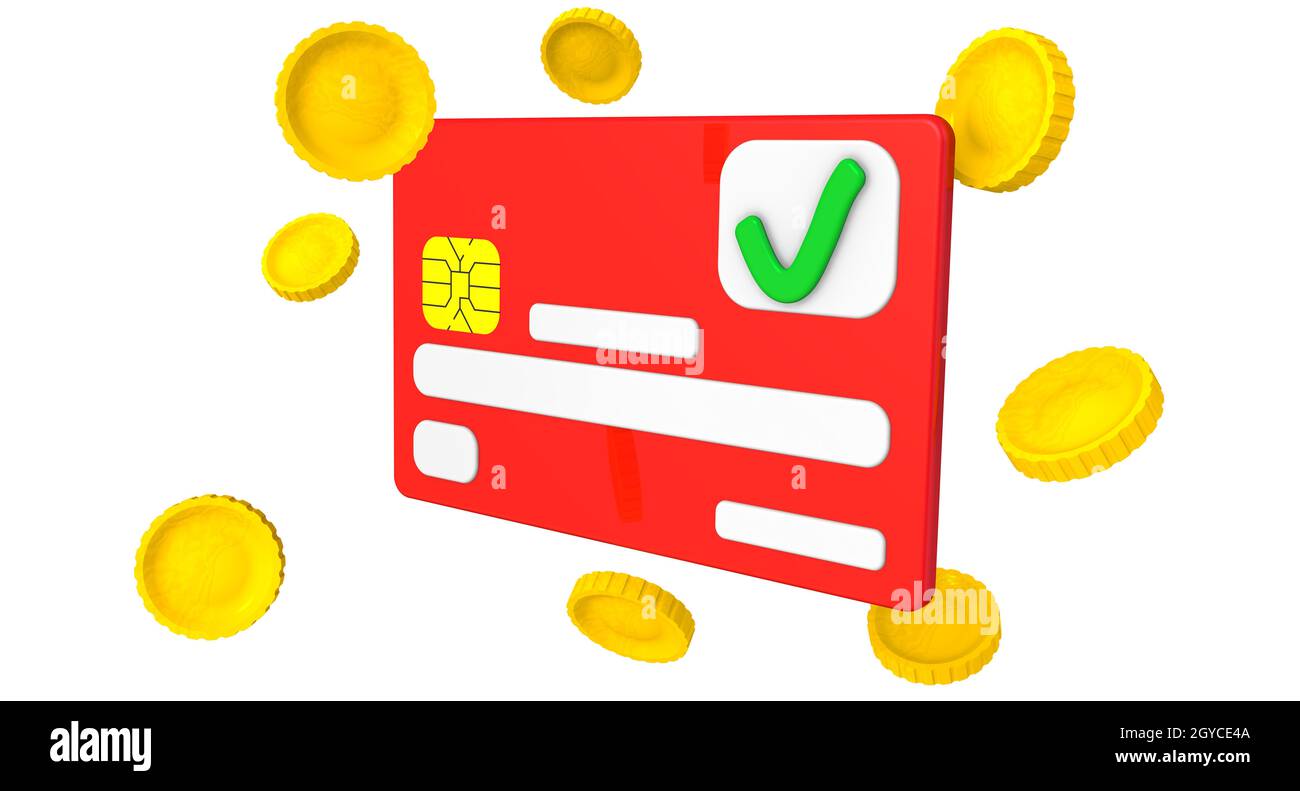 One red credit card with flying gold coins isolated on white background ...