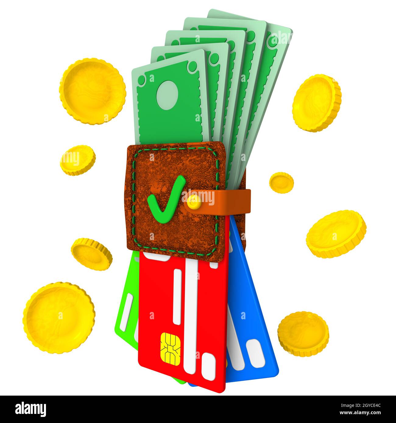 One wallet with credit cards, banknotes and flying gold coins isolated ...