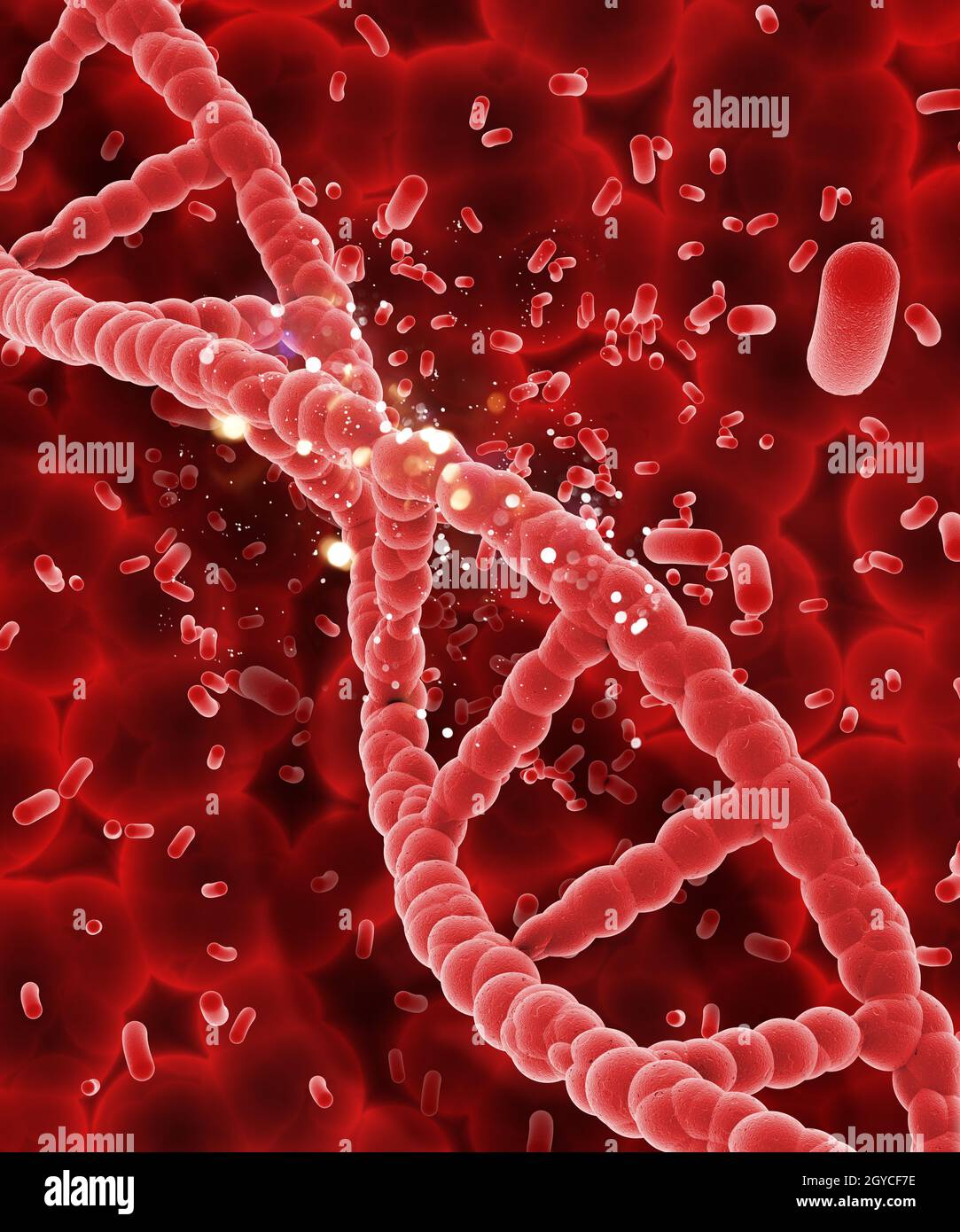 3D render of a DNA strand on abstract blood cell background Stock Photo ...
