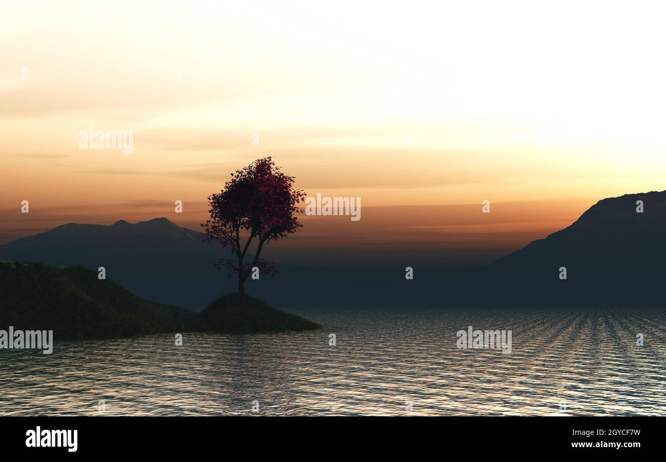 3D render of a Japanese Maple tree on a grassy island in the ocean ...