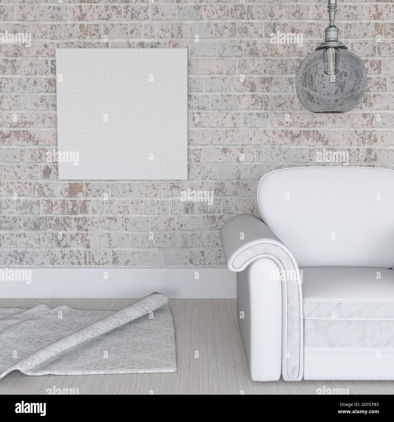 3D render of a blank canvas on grunge brick wall in room interior Stock ...