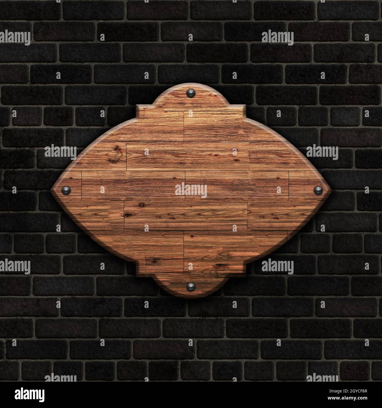 3D render of a blank wooden sign on a brick wall Stock Photo - Alamy