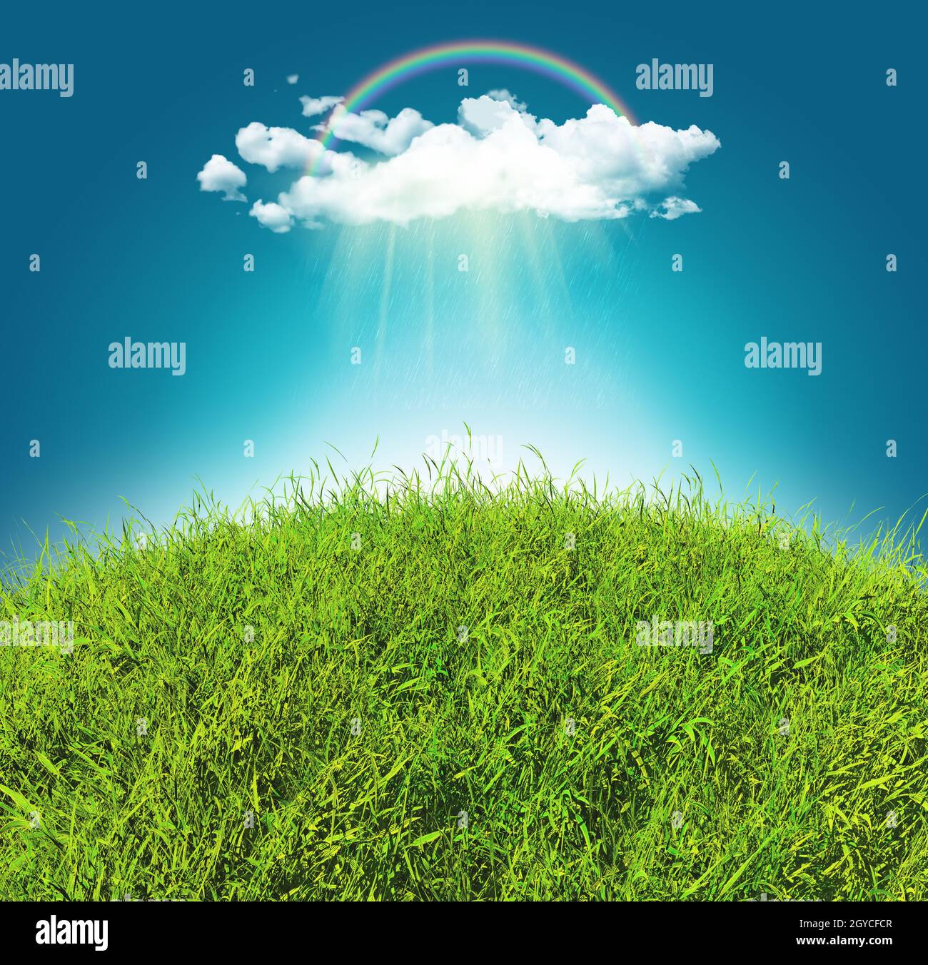 3D render of a curved grassy landscape with a rainbow and rain cloud Stock Photo - Alamy