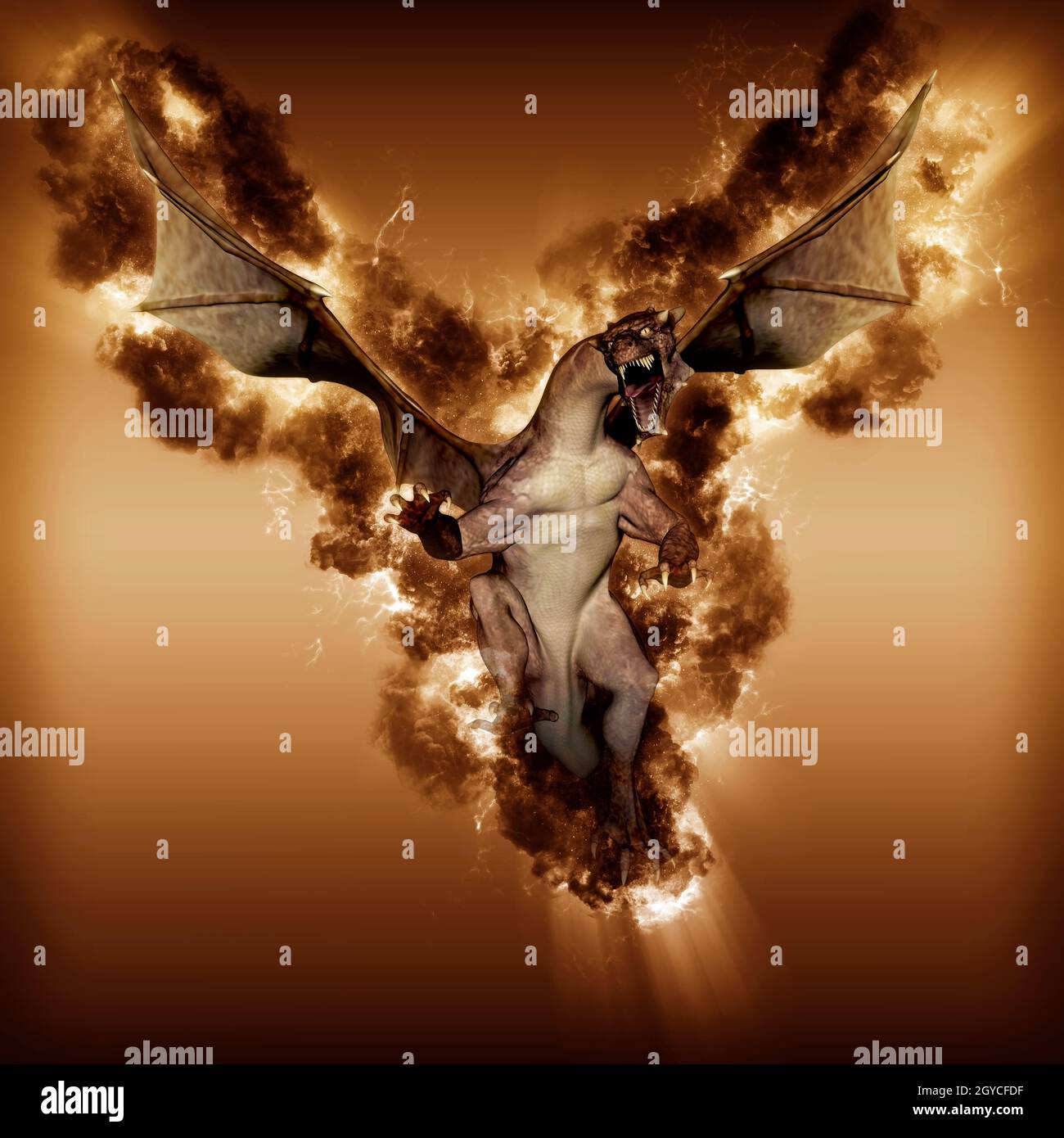 3D render of a fantasy dragon with flames and smoke effect Stock Photo ...