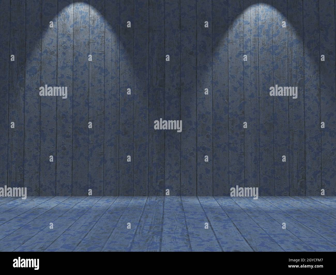 3D render of a grunge interior with wooden blue painted walls and floor ...