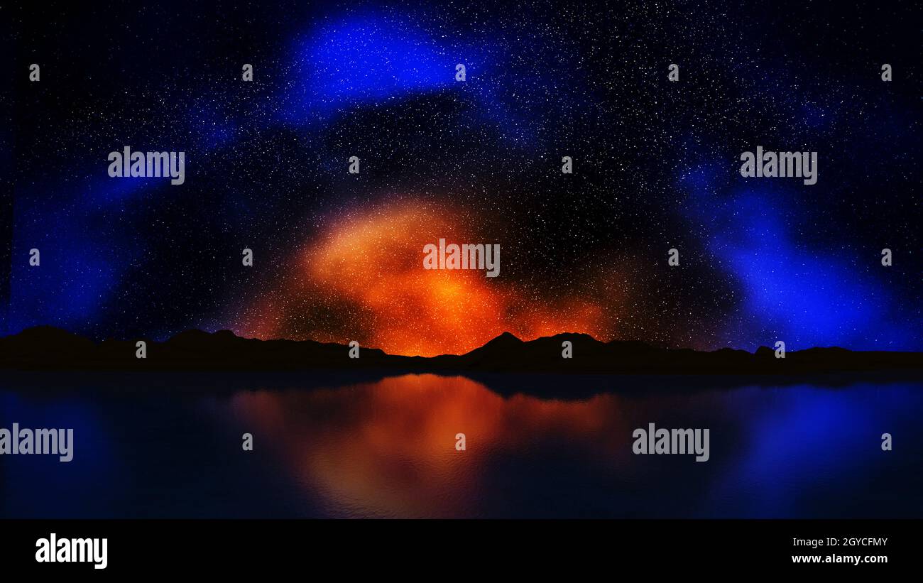 3D render of a landscape with colourful night sky Stock Photo - Alamy