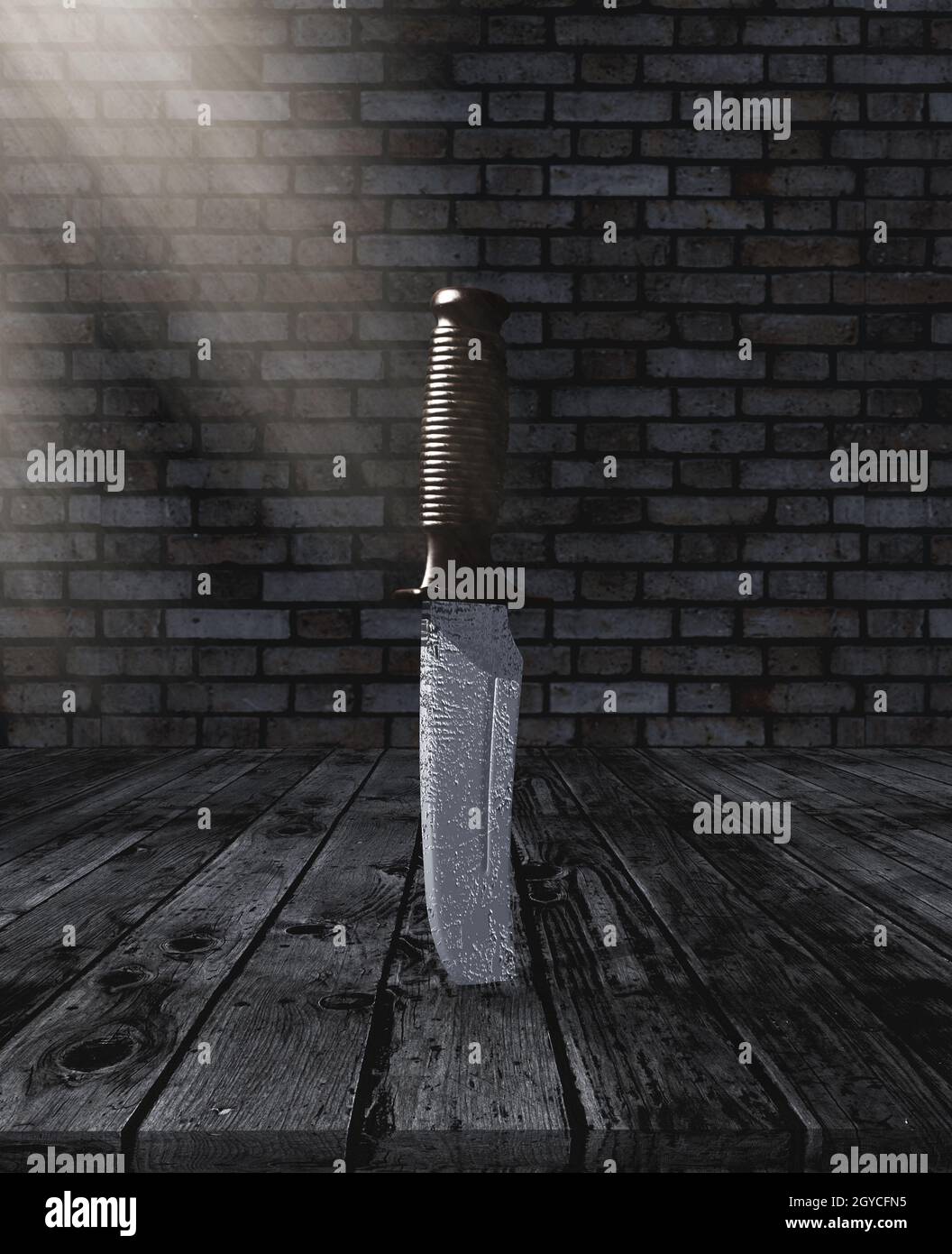 3D render of a knife stuck in a wooden table in a grunge brick room ...