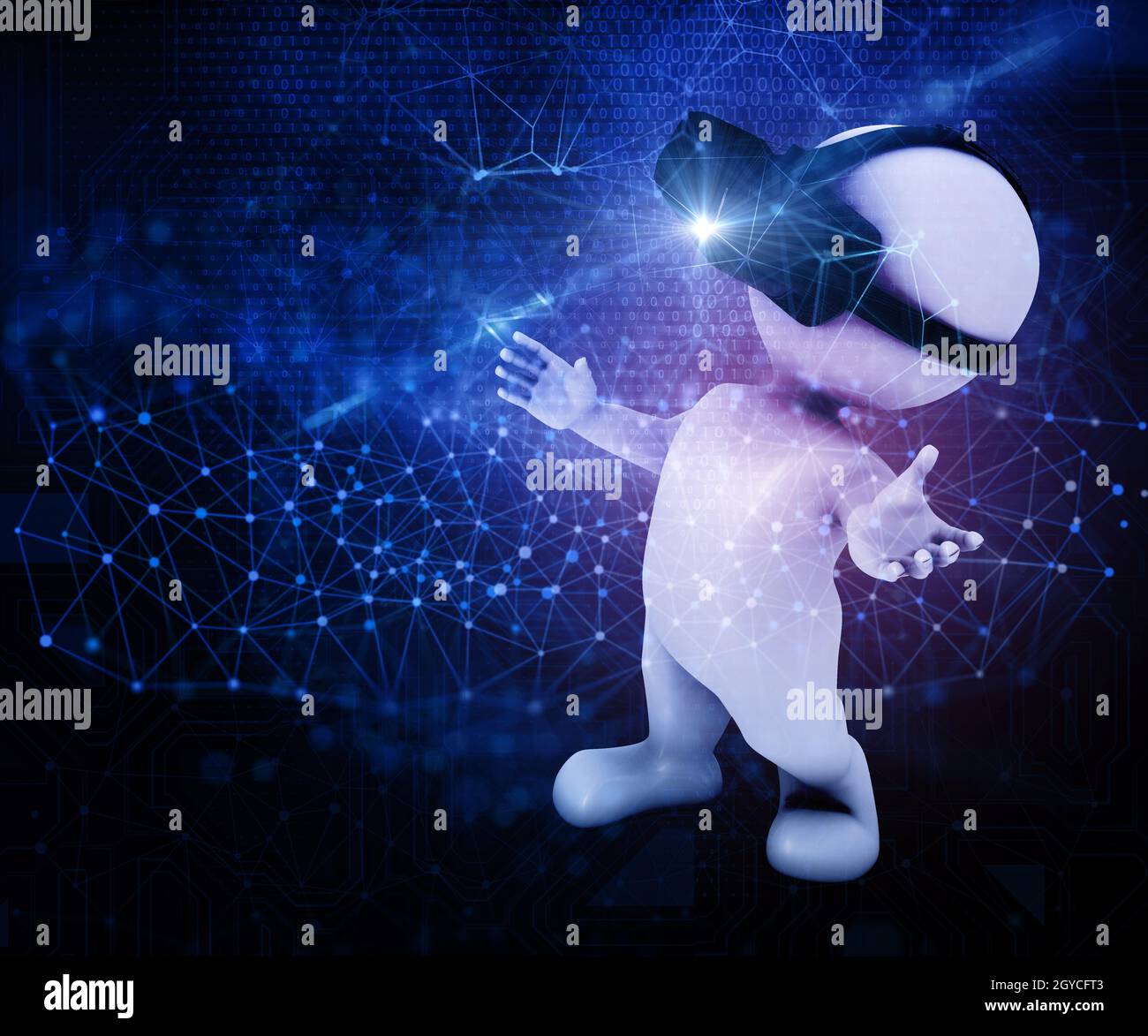 3D render of a male figure wearing a VR headset on an abstract techno ...