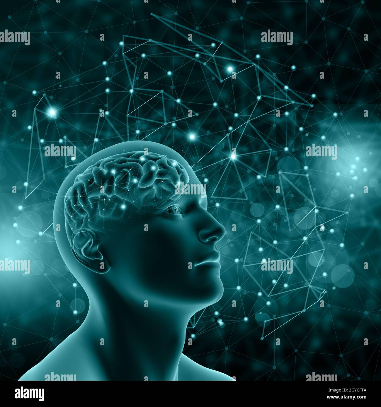 3D render of a male figure with brain on background with connecting ...