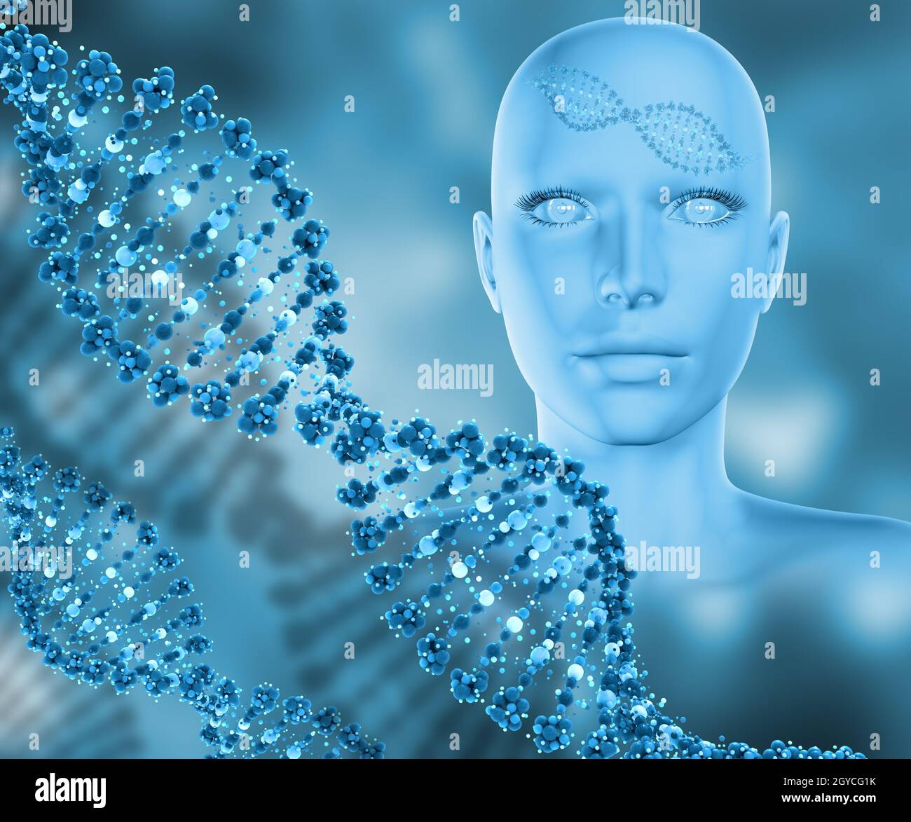 3D render of a medical background with female head and DNA strands ...