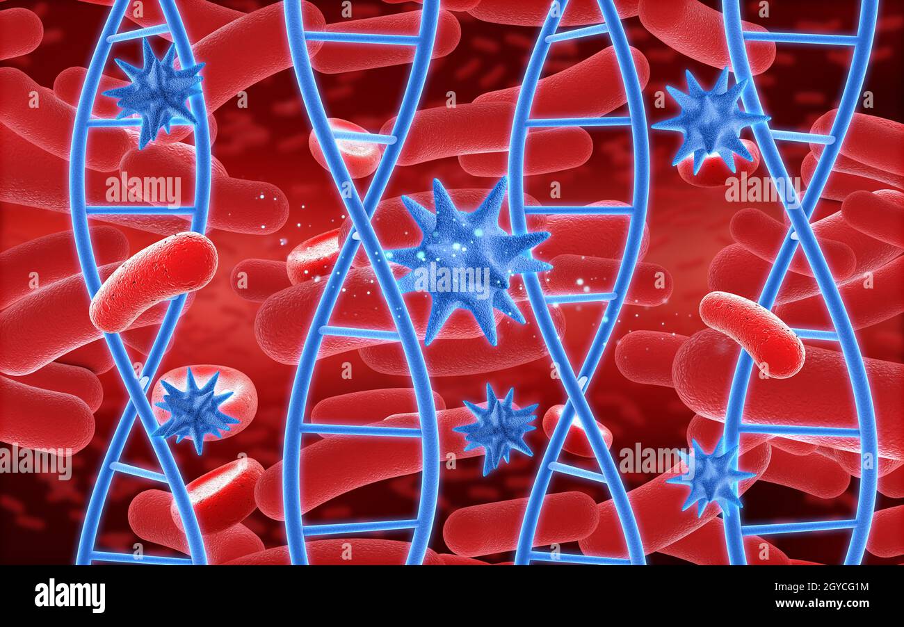 3D render of a medical background with blood cells, DNA strands and ...