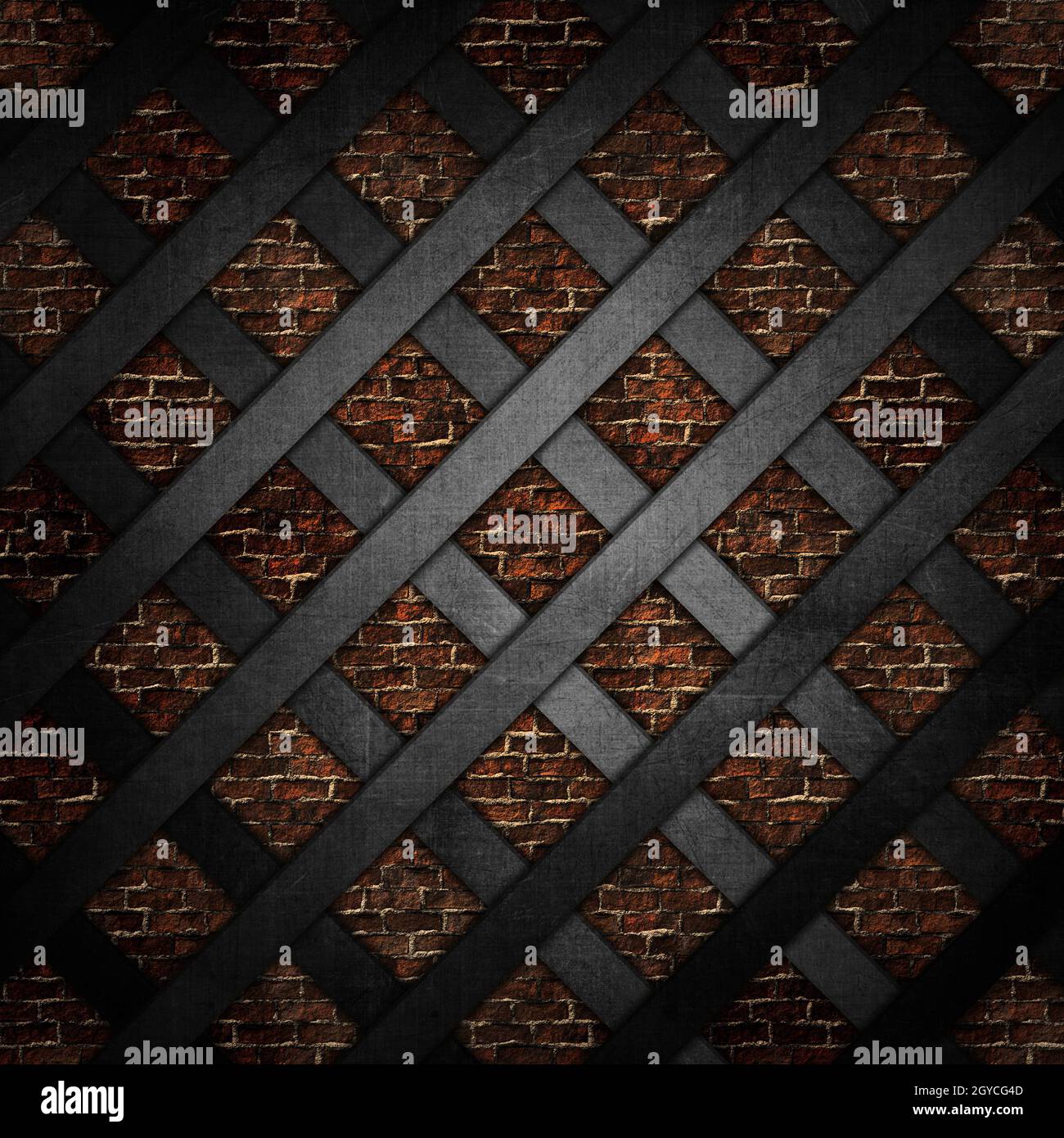 3D render of a metal lattice against a brick wall texture Stock Photo ...
