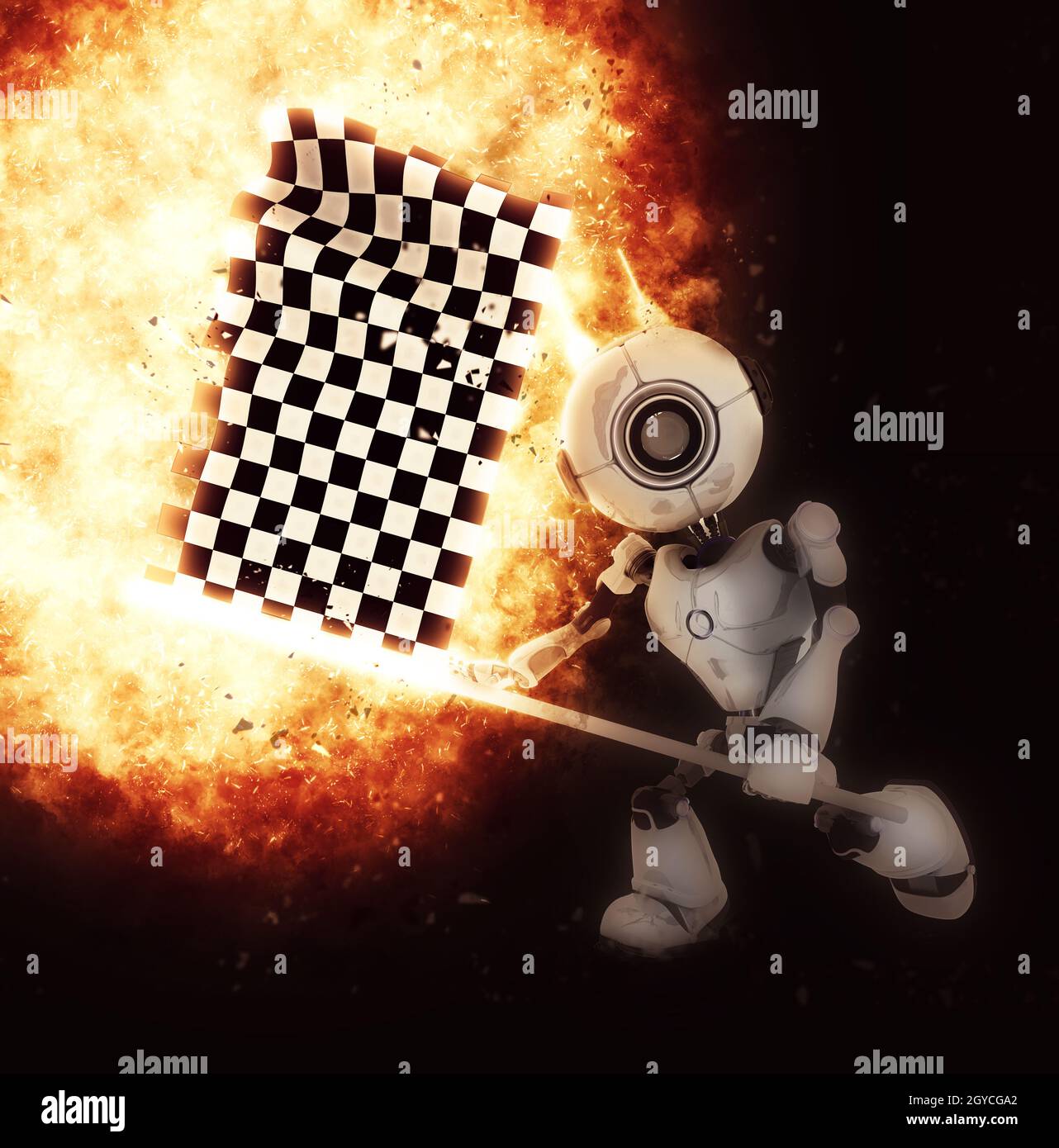 3D render of a robot with a chequered flag and explosion effect Stock ...