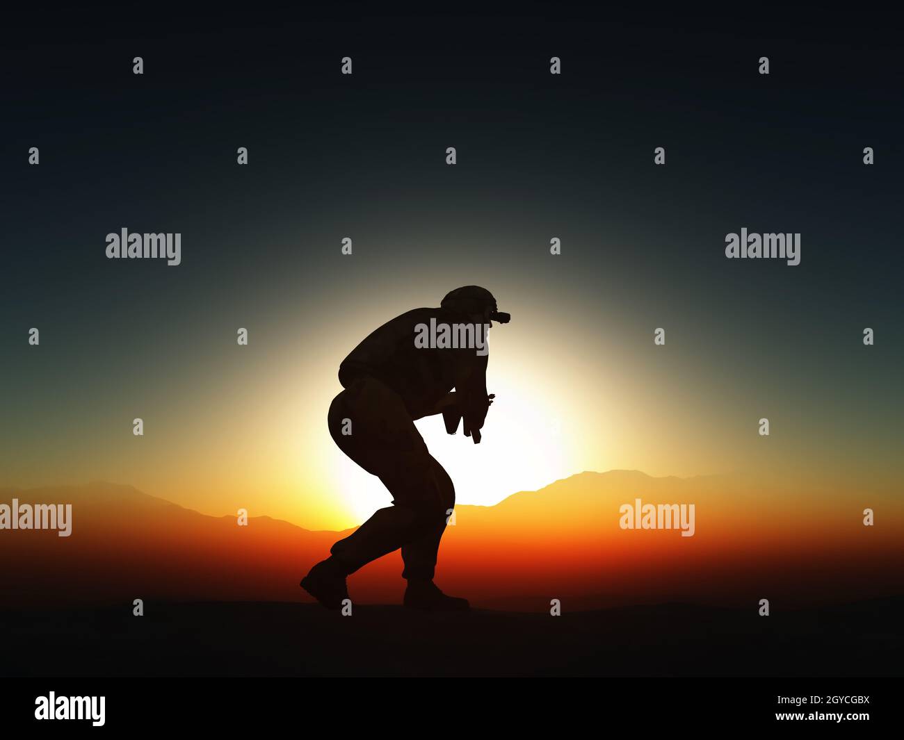 3D render of a soldier in combat pose against sunset sky Stock Photo ...