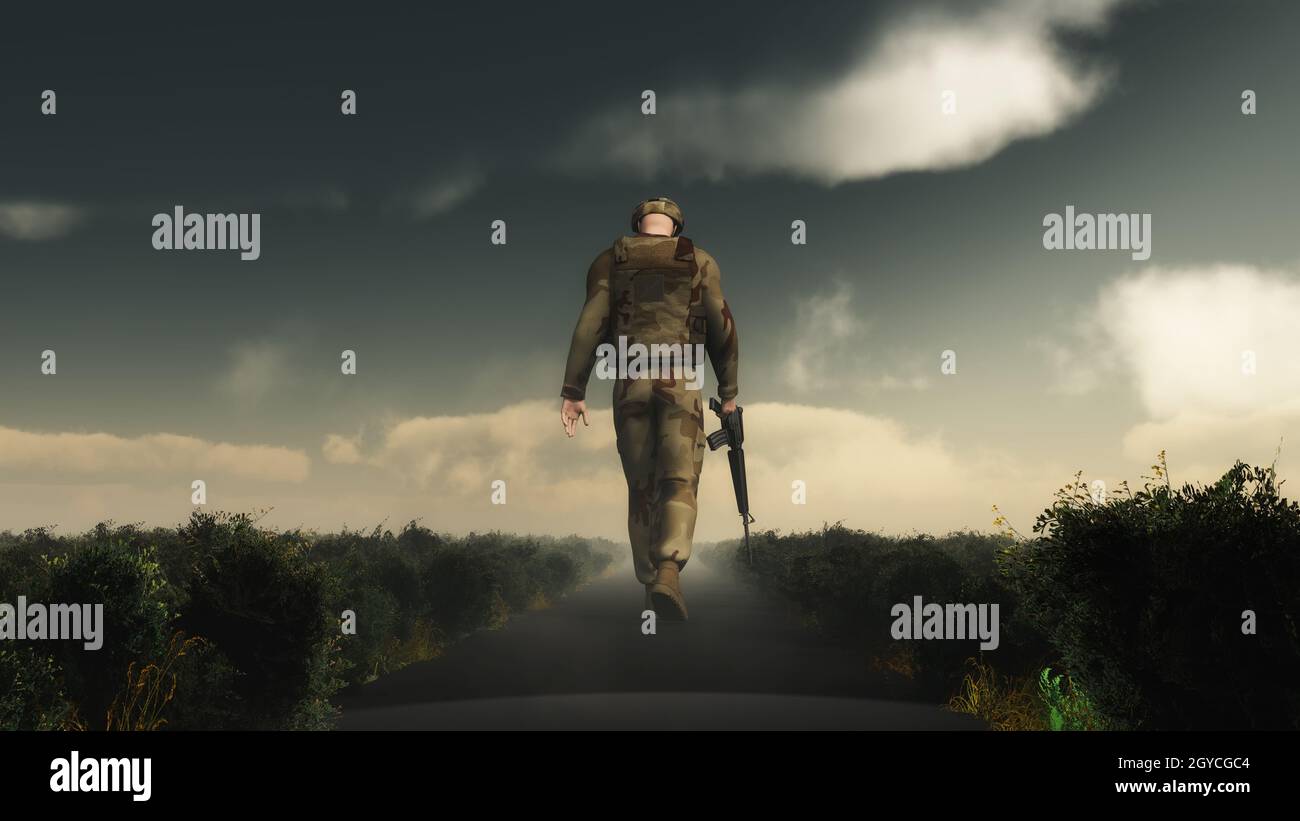 3D render of a soldier walking down a path with his head down Stock ...
