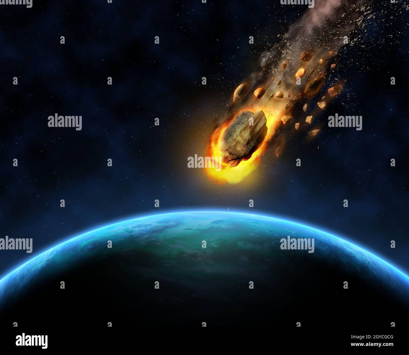 3D render of a space scene background with rocks hurtling towards a ...