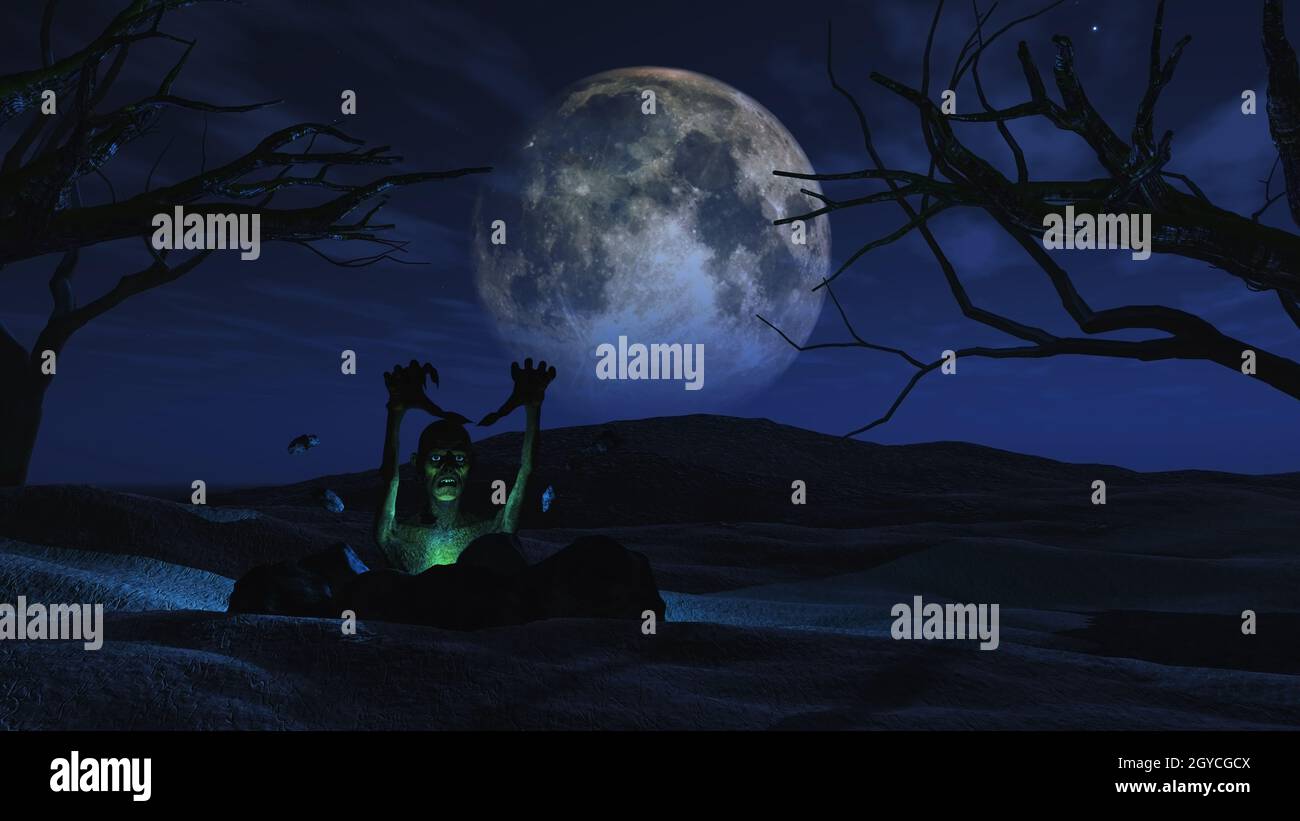 3D render of a spooky Halloween background with zombie erupting out of ...