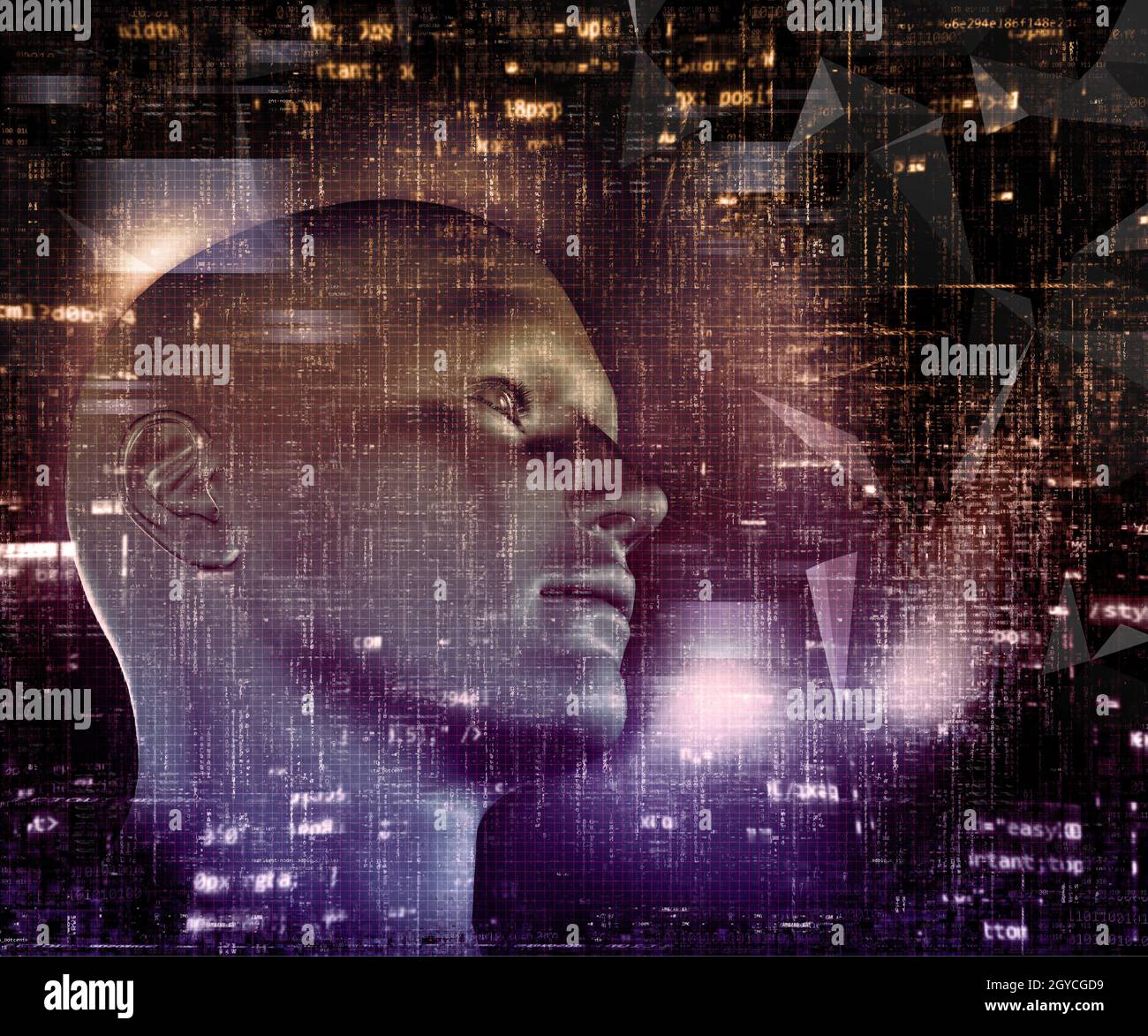 3D render of a techno background with male head and programming code ...