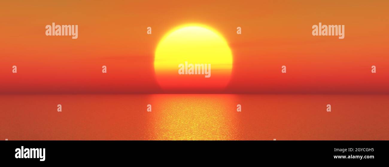 3D render of a widescreen sunset ocean landscape Stock Photo - Alamy