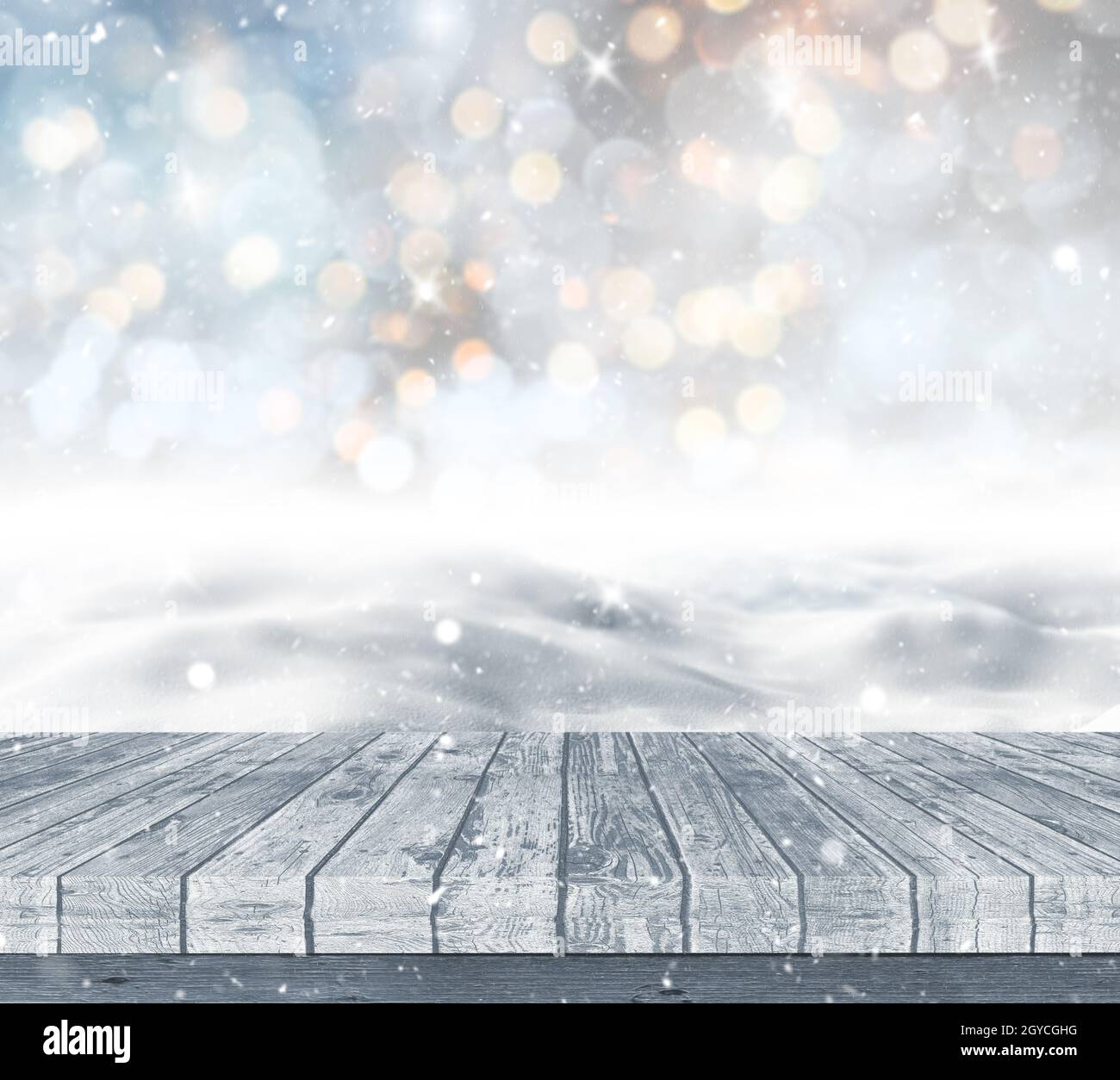 3D render of a wooden deck looking out to a snowy landscape against a bokeh lights background ...