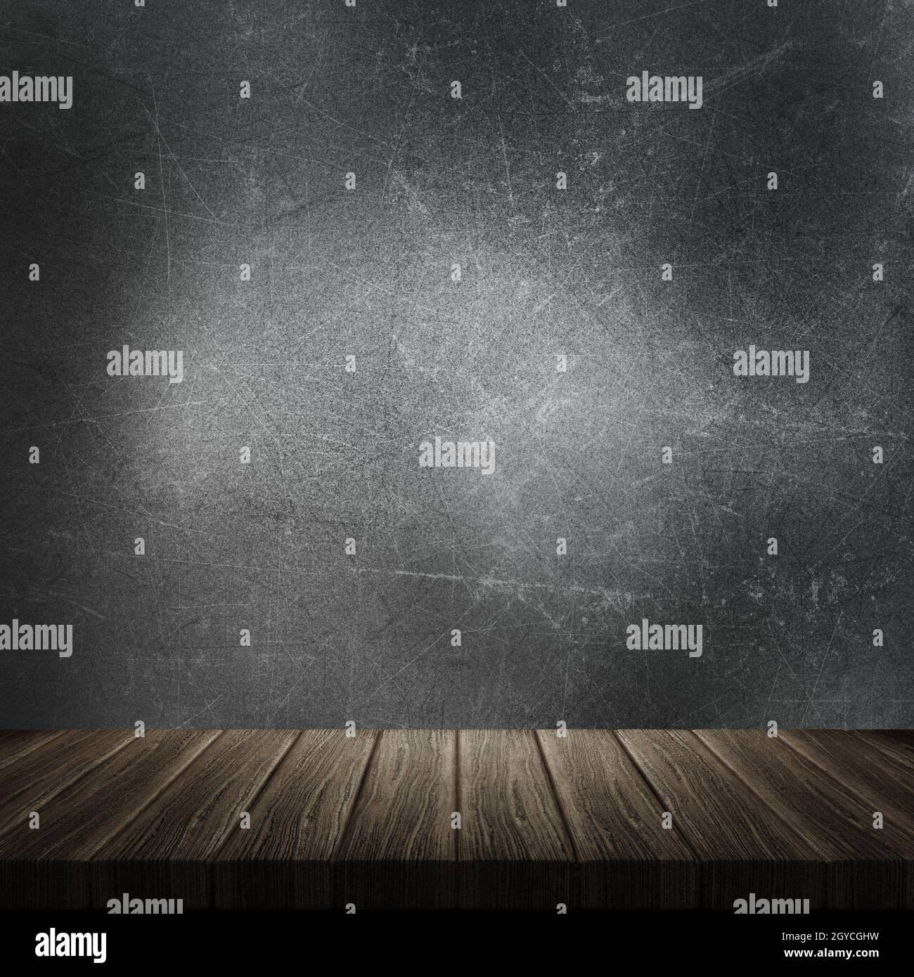 3D render of a wooden table against a grunge metal background Stock ...