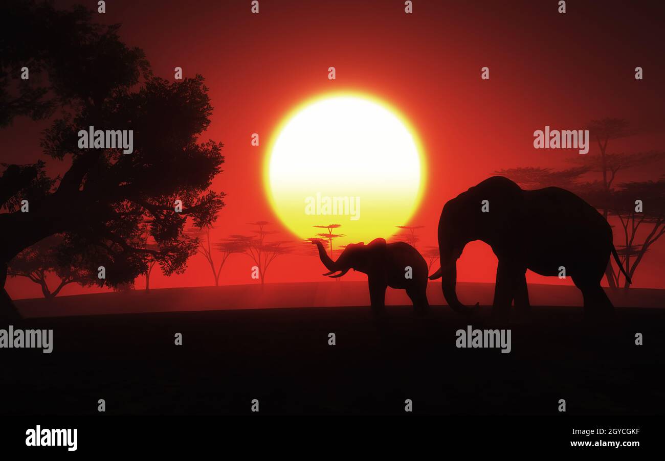 3D render of an African landscape with elephants at sunset Stock Photo ...
