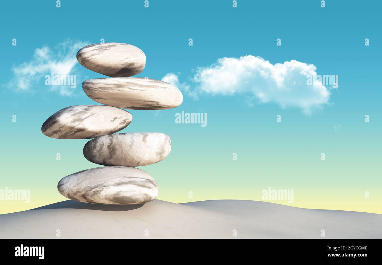 3D render of balancing pebbles on sand Stock Photo - Alamy