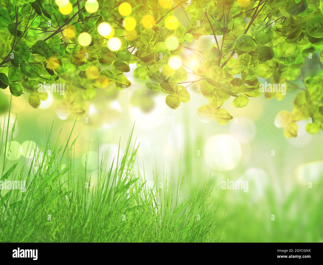 3D render of grass and leafy tree against a green sunny background ...