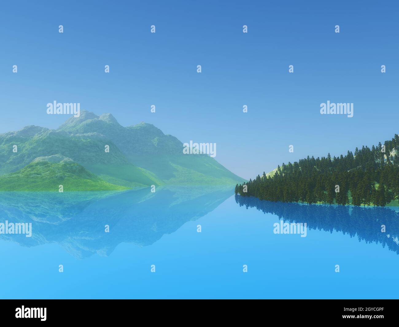 3D render of hills and trees with still blue water Stock Photo - Alamy