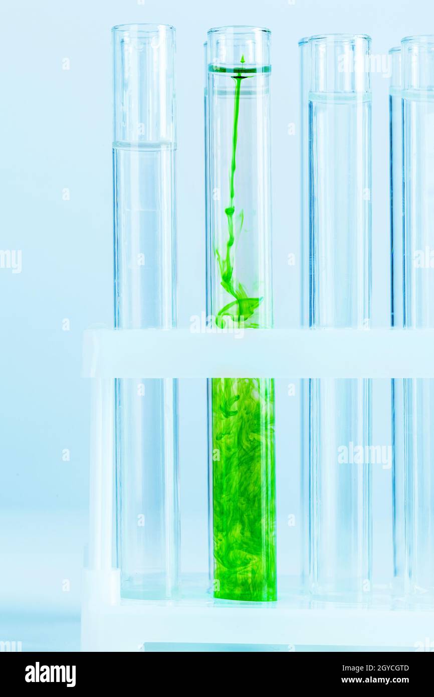 Green liquids in test tubes in chemical laboratory close up Stock Photo ...