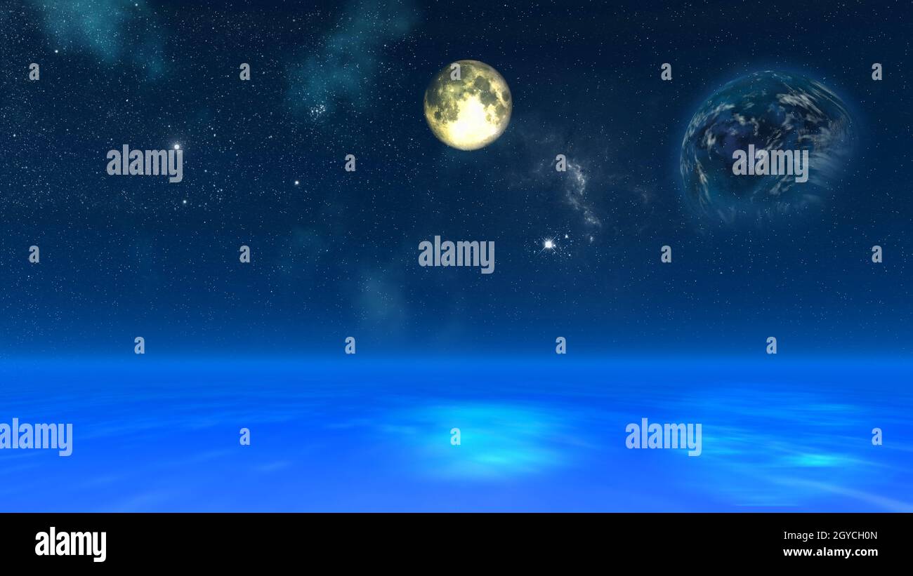 3D space background with fictional planets over the ocean Stock Photo ...