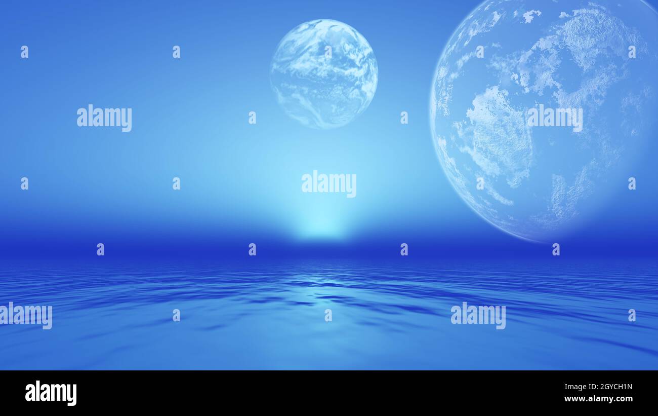 3D landscape of fictional planets over the ocean Stock Photo - Alamy