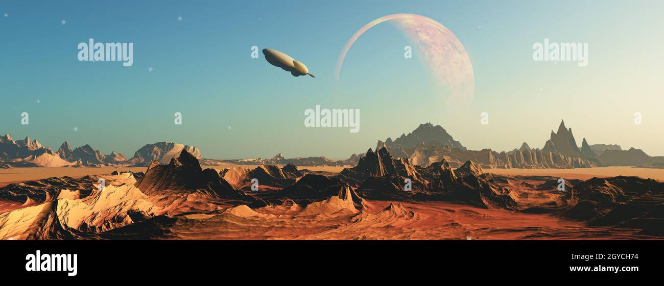 3D render of a fictional space scene with a space ship flying towards a ...