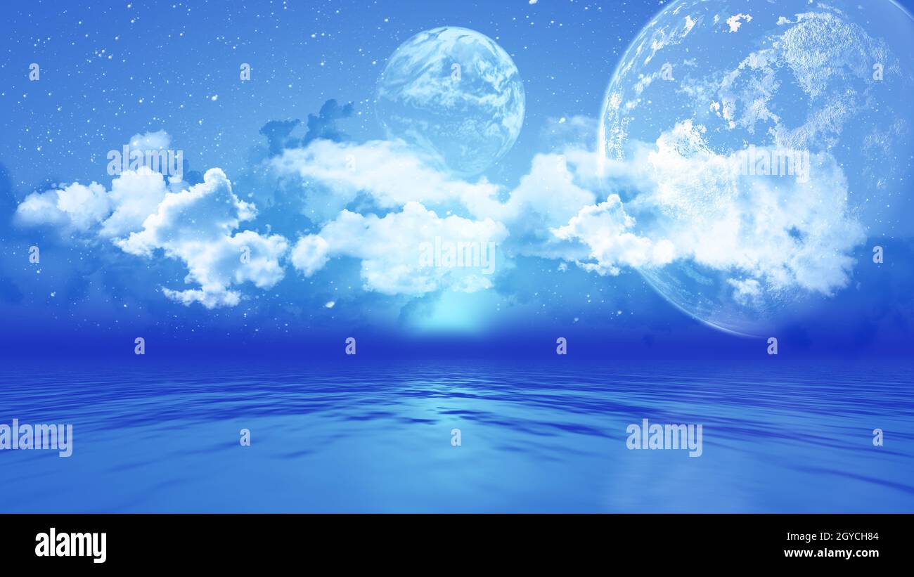 3D landscape of fictional planets over the ocean Stock Photo - Alamy