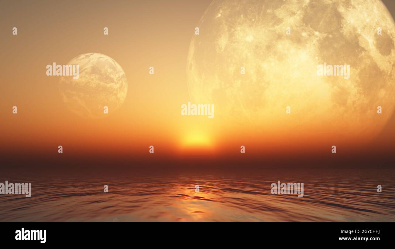 3D background with fictional planets over the ocean Stock Photo - Alamy
