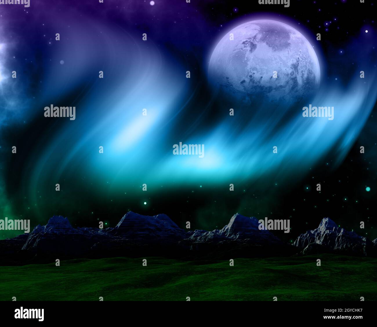3D render of an abstract space scene with northern lights sky and ...