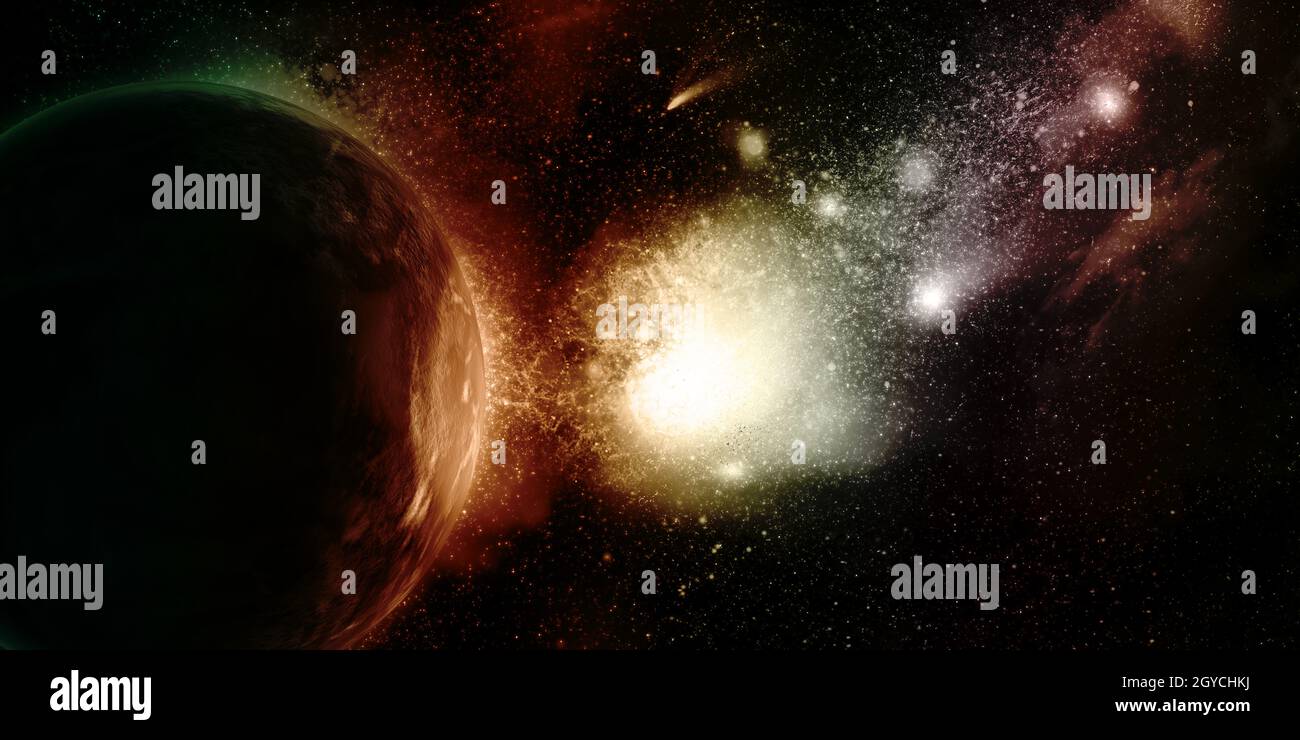 3D space background with fictional planets and nebula Stock Photo - Alamy