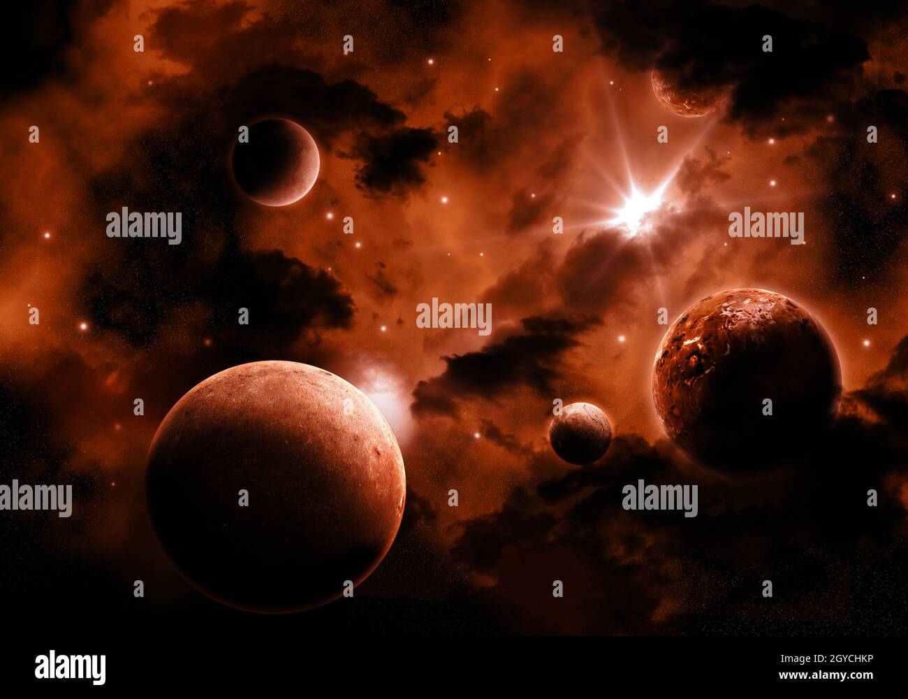 Space background with fiery sky and fictional planets Stock Photo - Alamy
