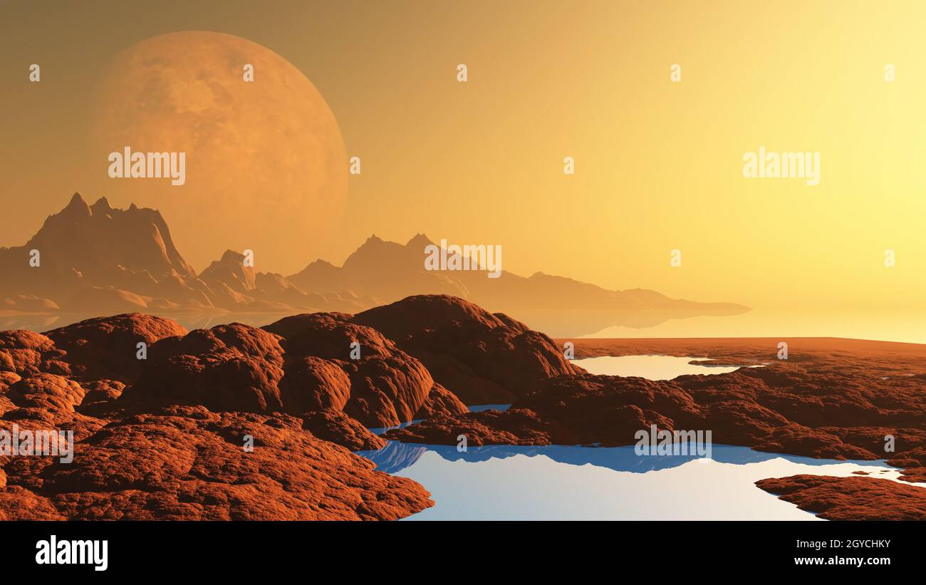 3D render of a surreal alien landscape with planet Stock Photo - Alamy