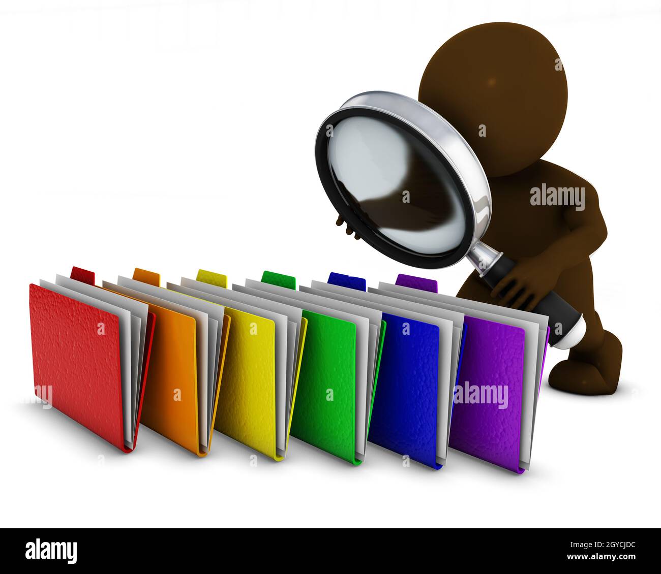 3D Render of Morph Man searching folders with magnifying glass Stock ...