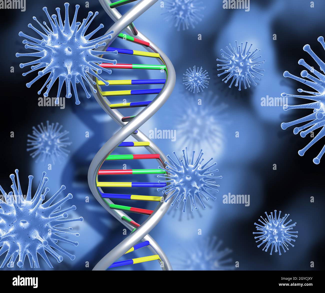 Colourful DNA strands on abstract background with 3D medical virus ...
