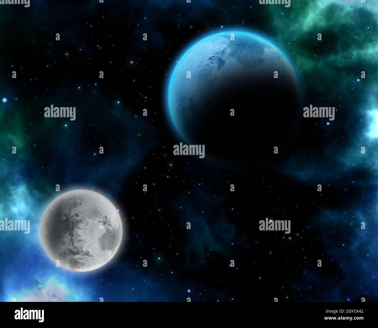 Illustration of a surreal space scene with fictional planets Stock ...