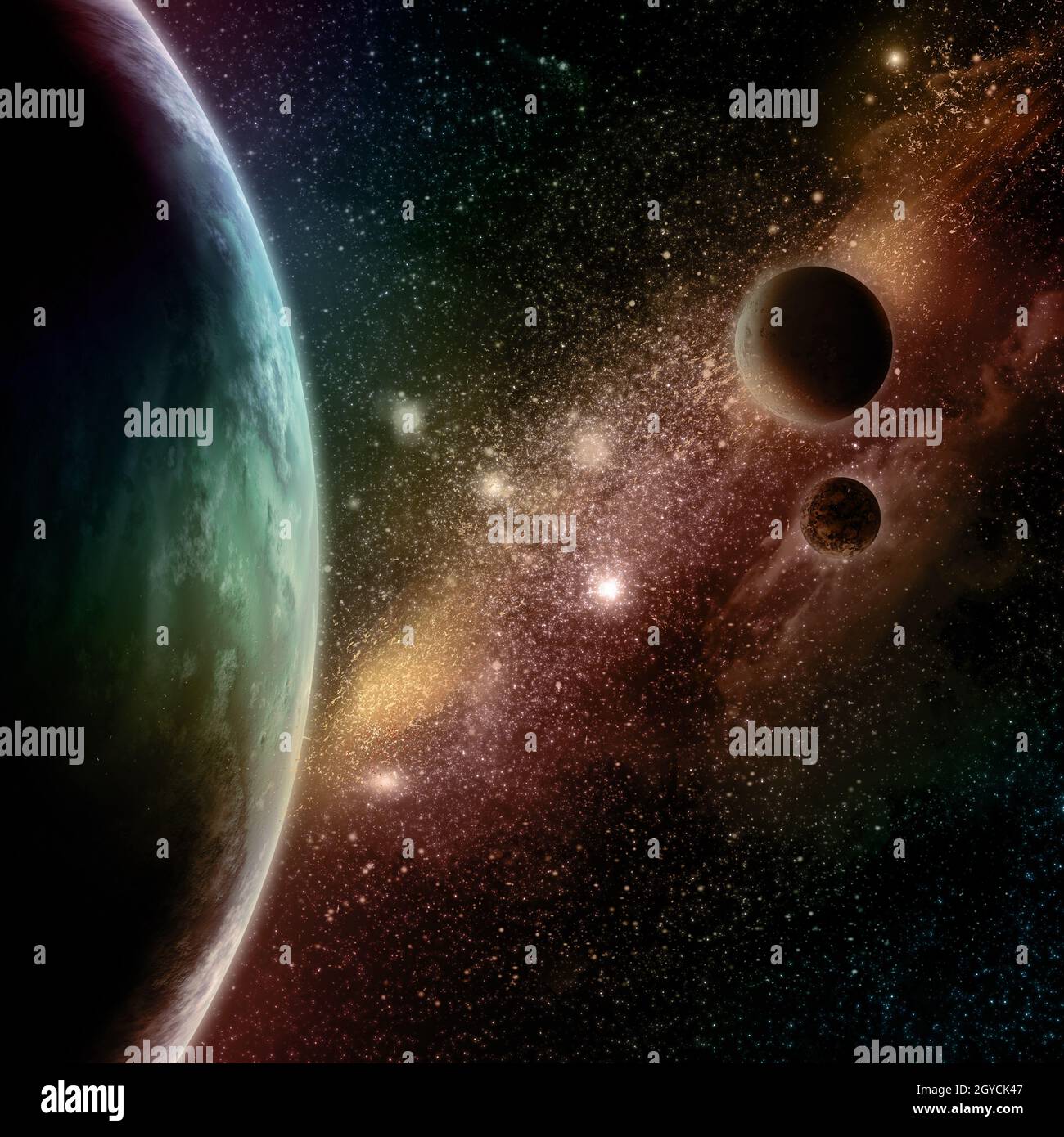 Abstract space background with stars, starfield and fictional planets ...