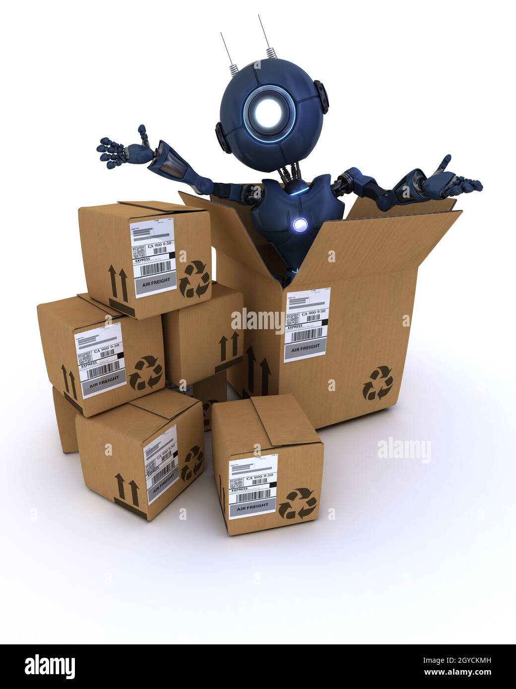 3D Render of an android with shipping boxes Stock Photo - Alamy
